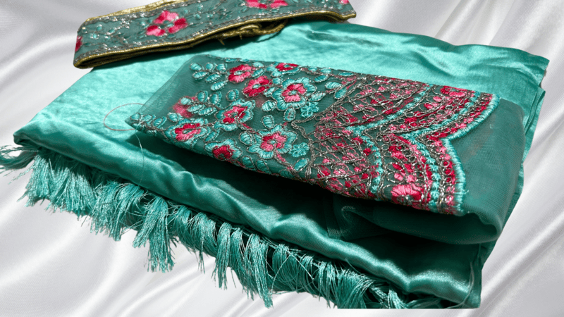 Premium Satin Designer Net Belt Saree - Turquoise