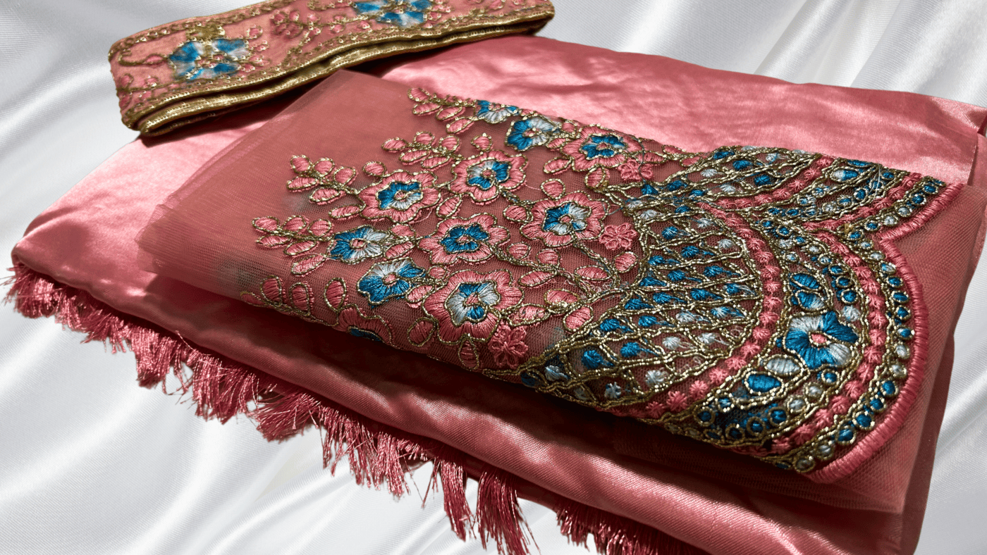 Premium Satin Designer Net Belt Saree - Soft Pink