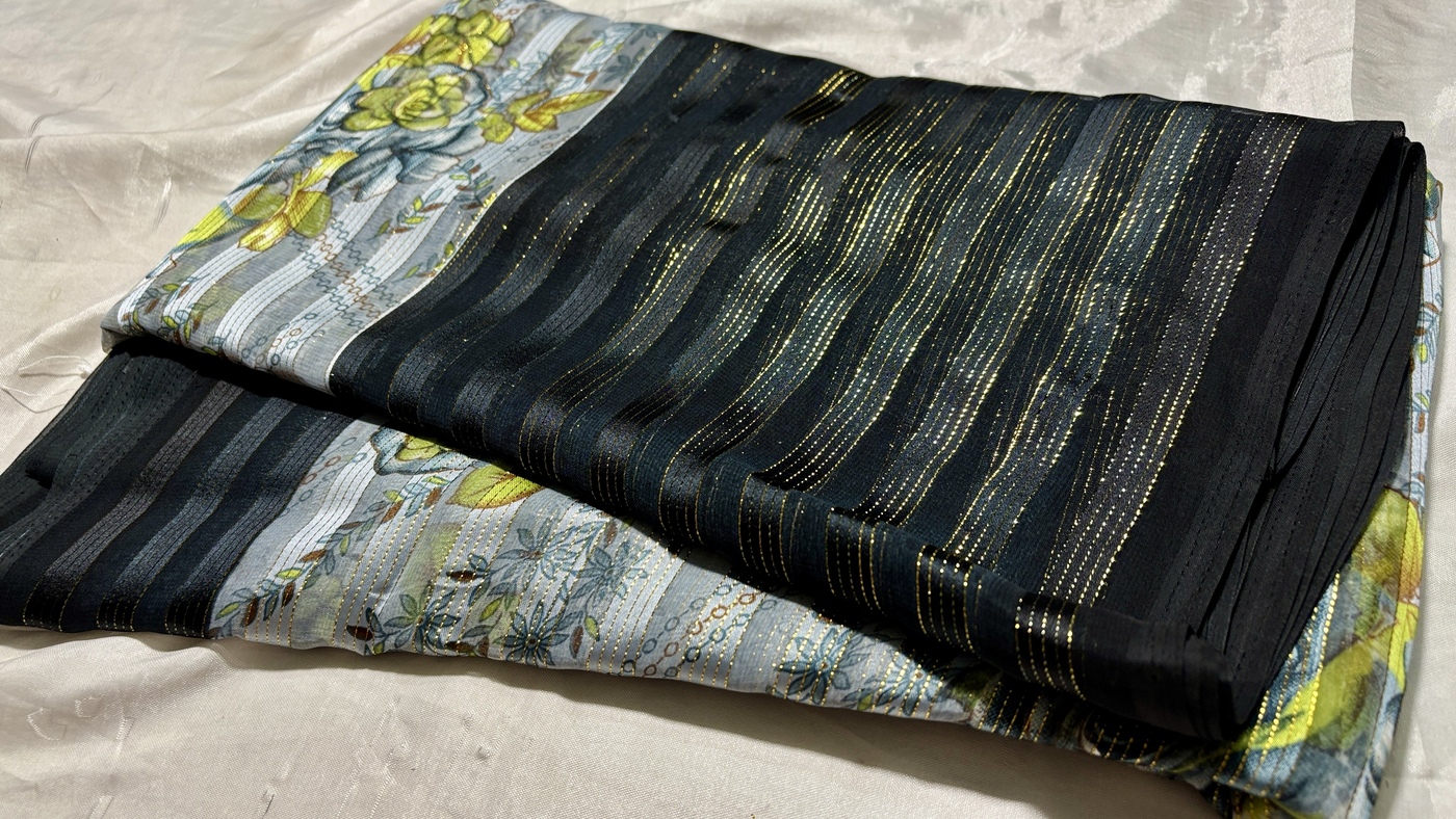 Kalavati Gold Floral Line Saree - Gray Black